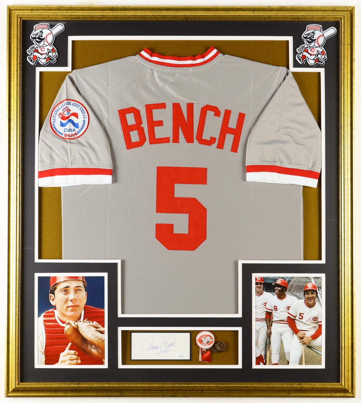 Johnny Bench Signed Custom Framed Cut Display With Jersey & Lapel Pin ...