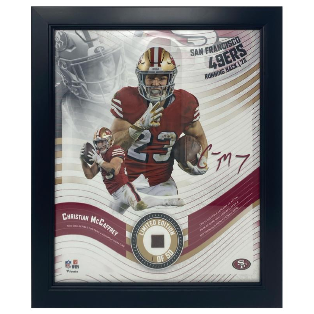 Christian McCaffrey LE 49ers Custom Framed Photo Display with Game-Used Football Piece (Fanatics ...
