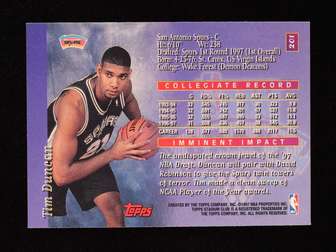 Tim Duncan 1997-98 Stadium Club #201 RC | Pristine Auction