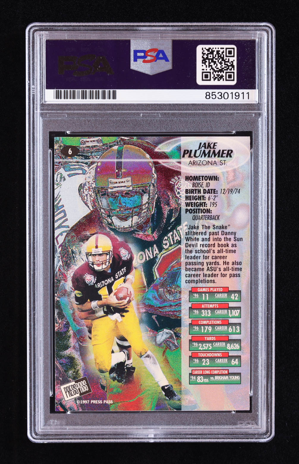 Jake Plummer Signed 1997 Press Pass #6 Inscribed "Snake" (PSA ...
