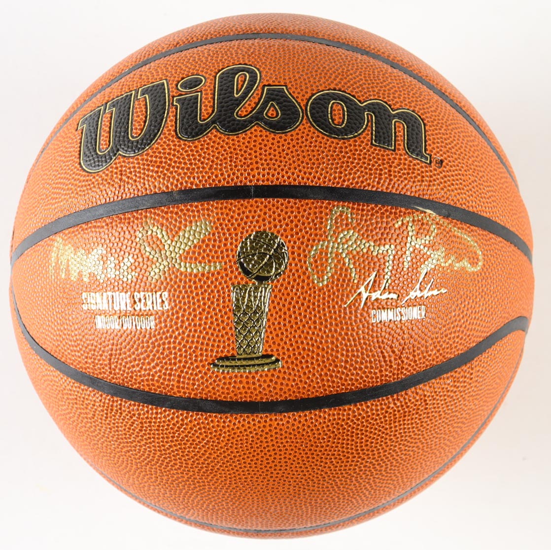 Magic Johnson & Larry Bird Signed NBA Finals Trophy Special Edition Basketball With Display Case ...