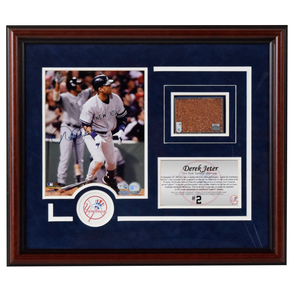 Derek Jeter Signed Yankees Custom Framed Photo Display with Game-Used Fenway Park Dirt (Steiner ...