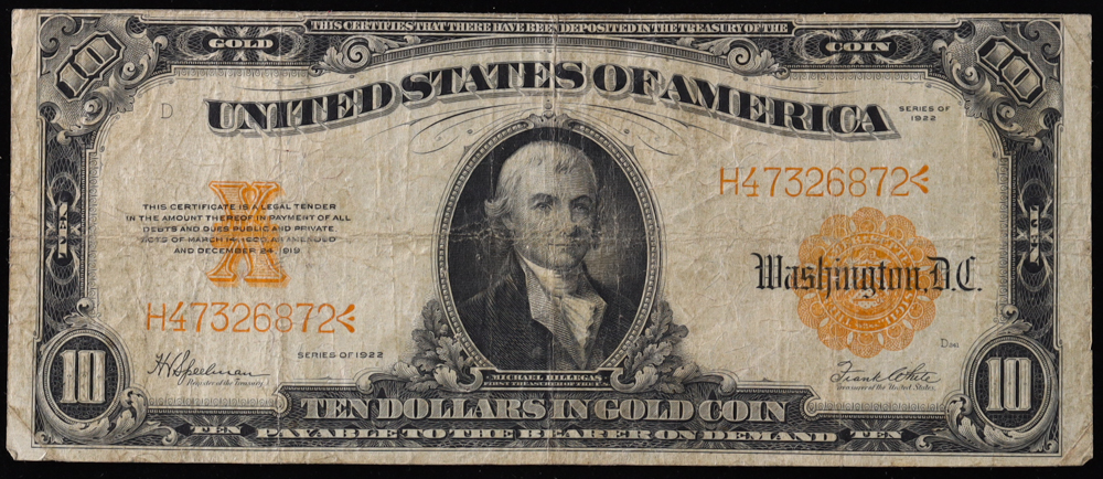 1922 United States $10 Ten Dollar Gold Certificate Banknote | Pristine ...