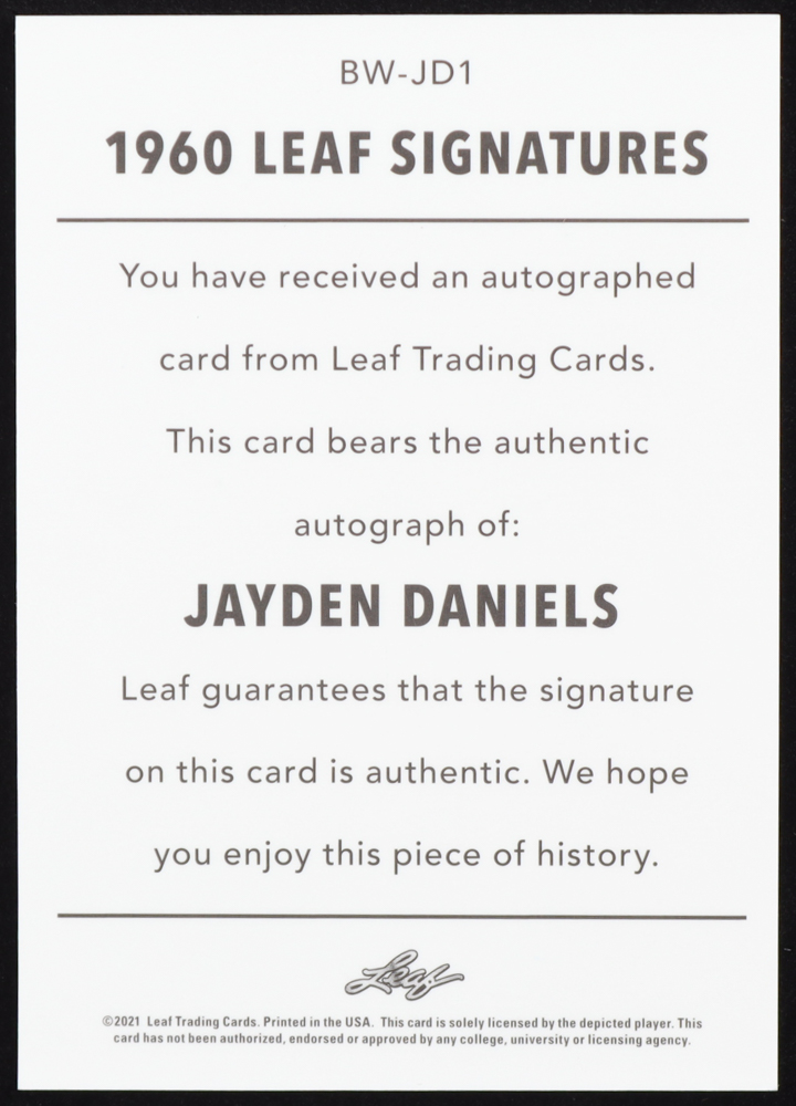 Jayden Daniels 2021 Leaf 1960 Leaf Signatures Spectrum Purple #BWJD1 RC ...
