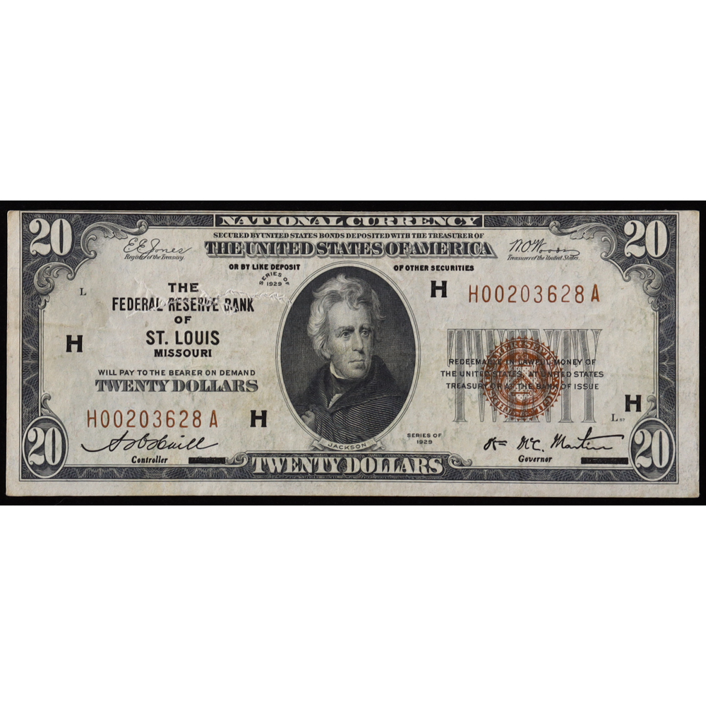 1929 $20 Twenty Dollars U.S. National Currency Bank Note - St. Louis ...