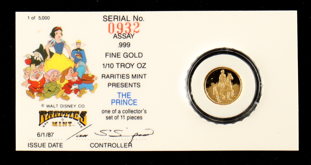 1987 "Snow White's 50th Anniversary" The Prince 1/10 Troy Oz. .999 Fine Gold Coin in Assay ...