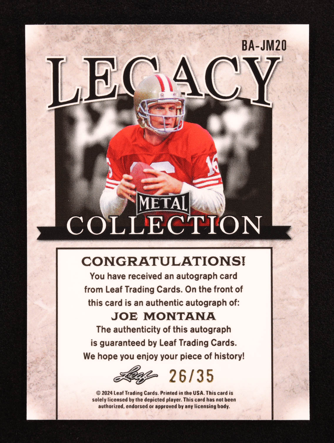 Joe Montana 2024 Leaf Legacy Collection #BA-JM20 Autograph Silver ...