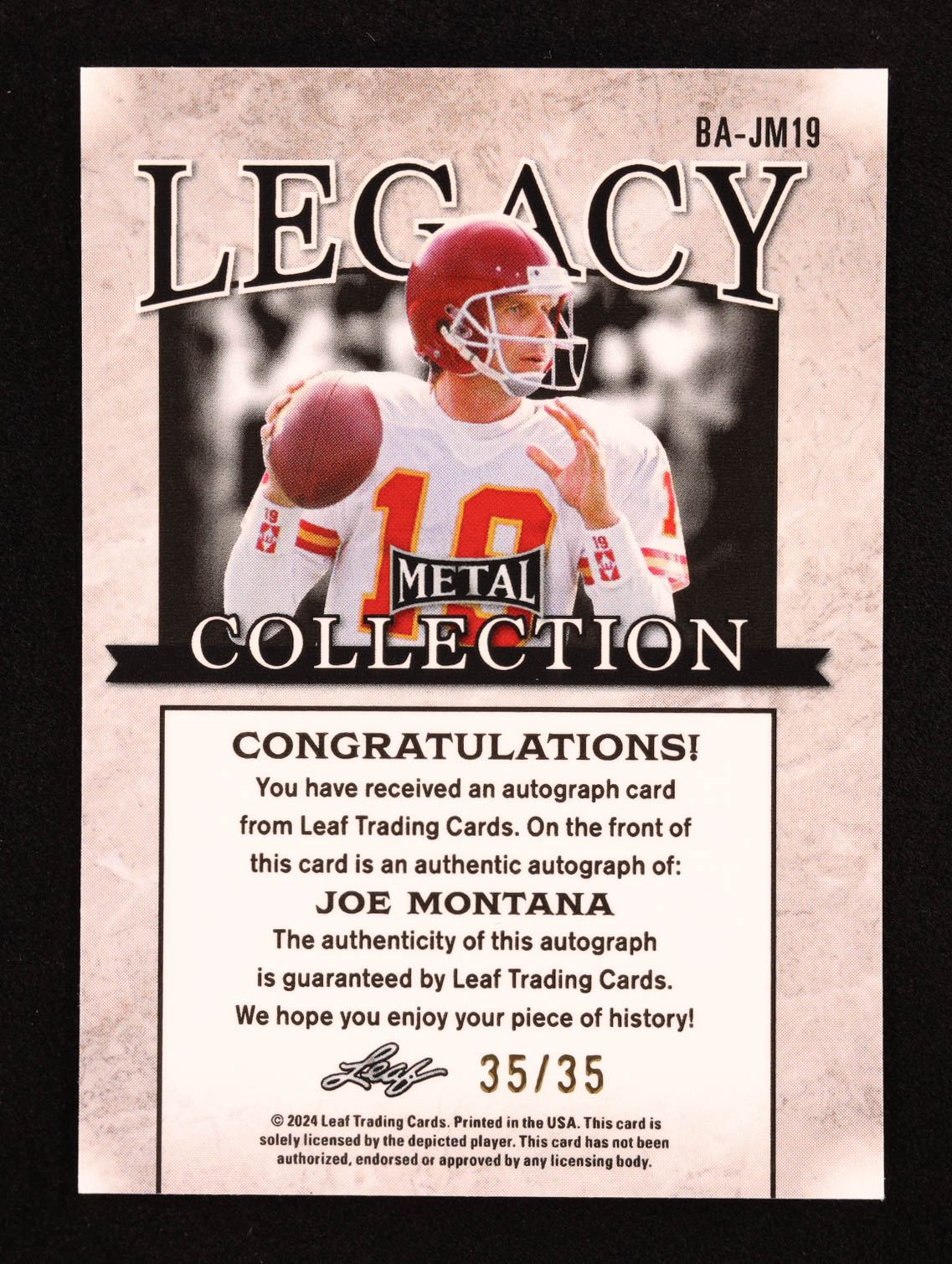 Joe Montana 2024 Leaf Legacy Collection #BA-JM19 Autograph Silver ...