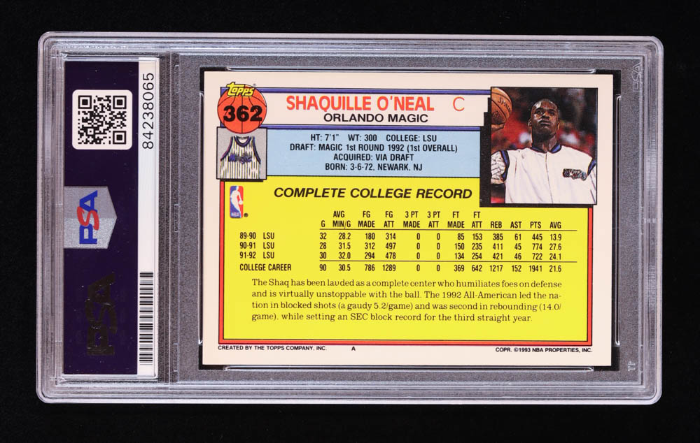 Shaquille O'Neal Signed 1992 Topps #362 RC (PSA | Autograph Grade 10 ...
