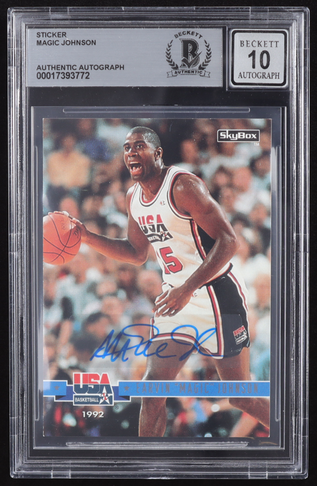 Magic Johnson Signed Sticker on 1994 SkyBox USA #87 Passing the Torch (BGS | Auto 10) | Pristine ...