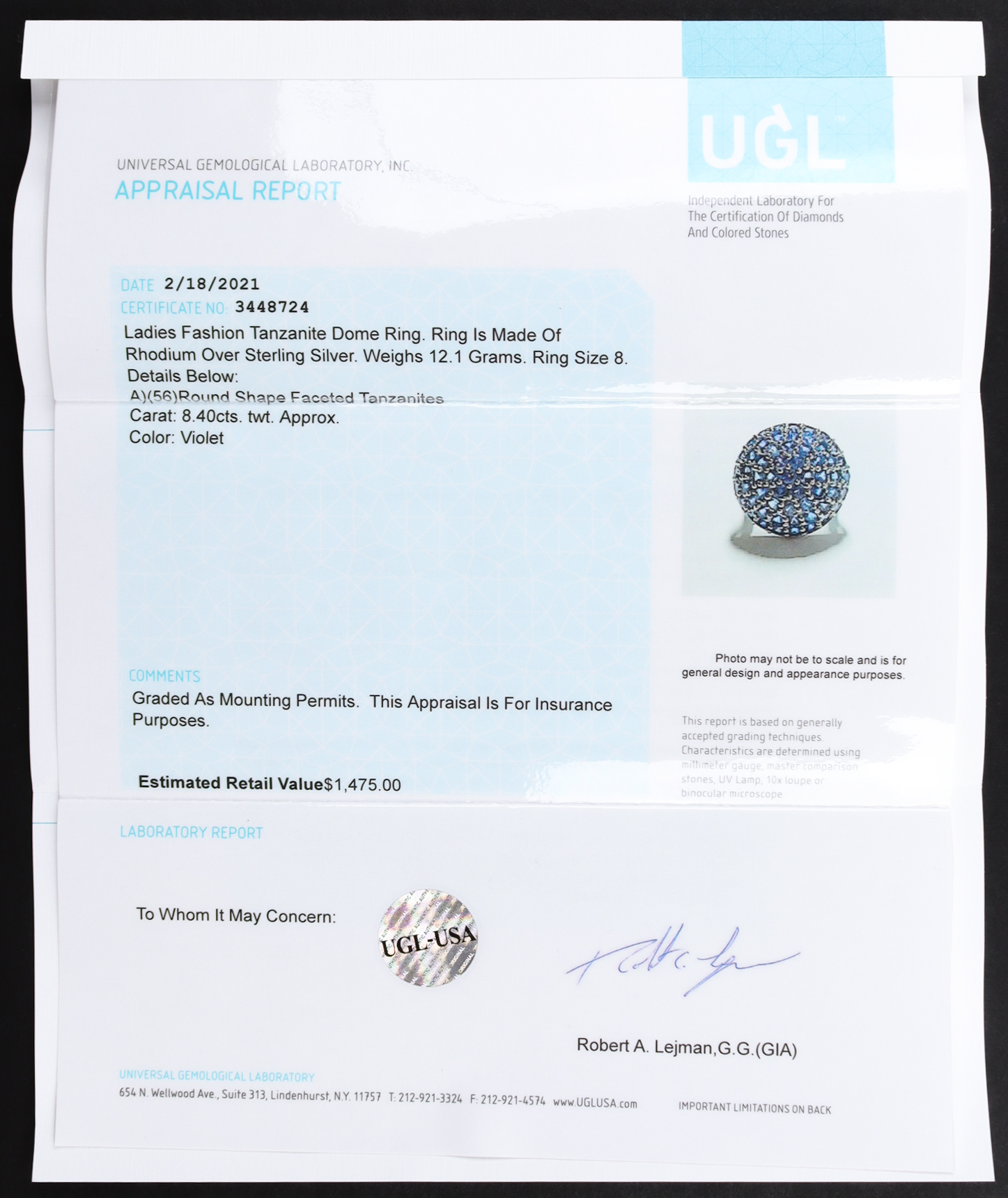 8.40cts Tanzanite Dome Ring | Estimated Value $1,475 (UGL) | Pristine ...