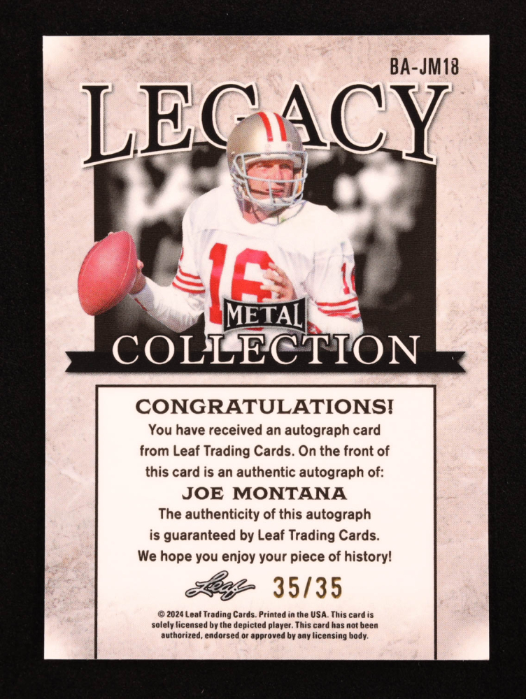 Joe Montana 2024 Leaf Legacy Collection #BA-JM18 Autograph Silver ...