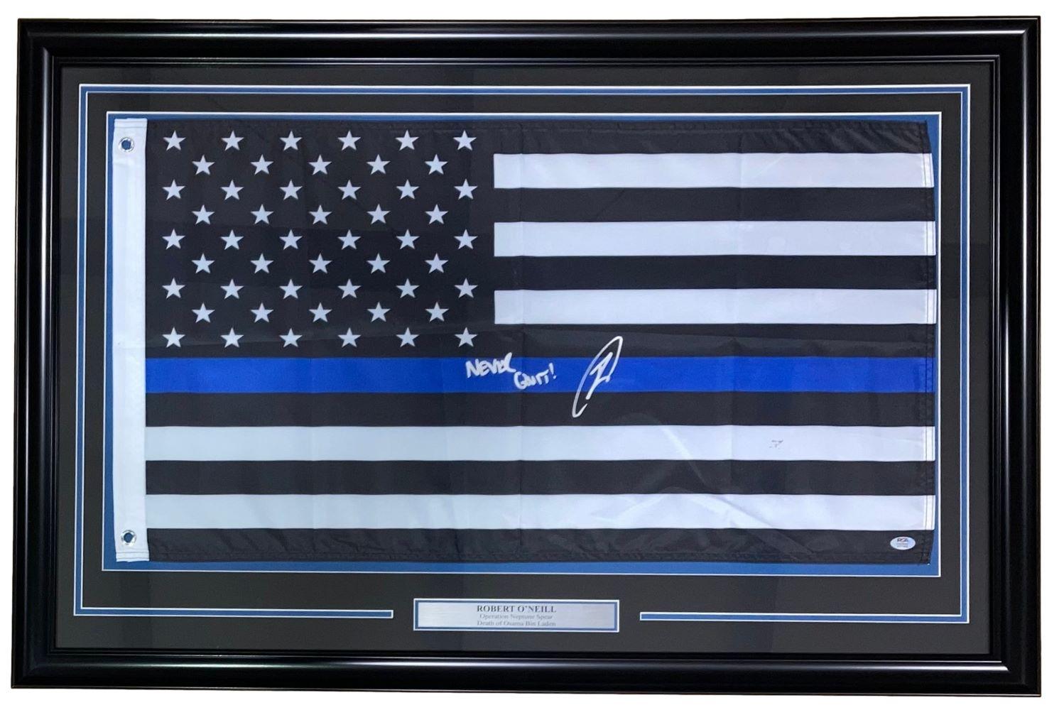Robert O'Neill Signed Custom Framed American Flag Display Inscribed "Never Quit" (PSA ...