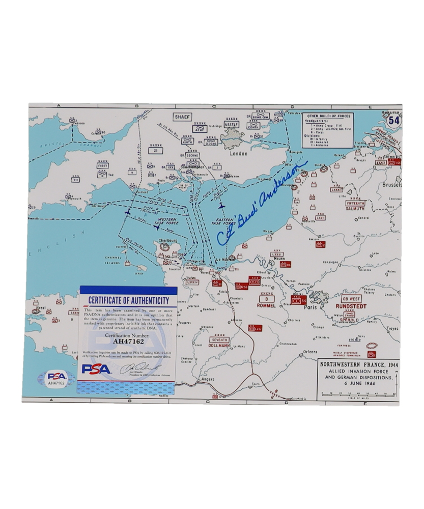 Bud Anderson Signed D-Day Invasion Map 8x10 Photo (PSA) | Pristine Auction