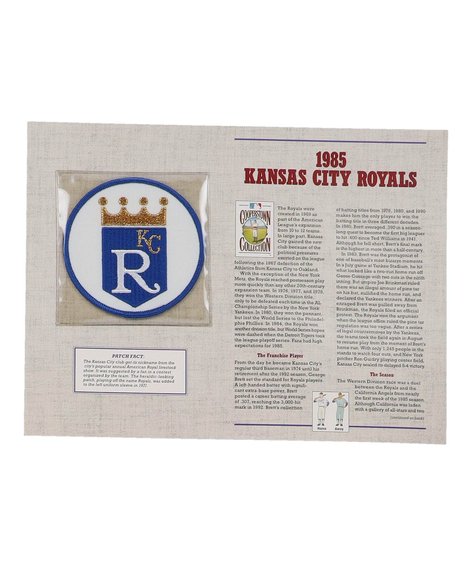 1985 Royals 9x12 Commemorative Stat Card With Cloth Uniform Patch ...