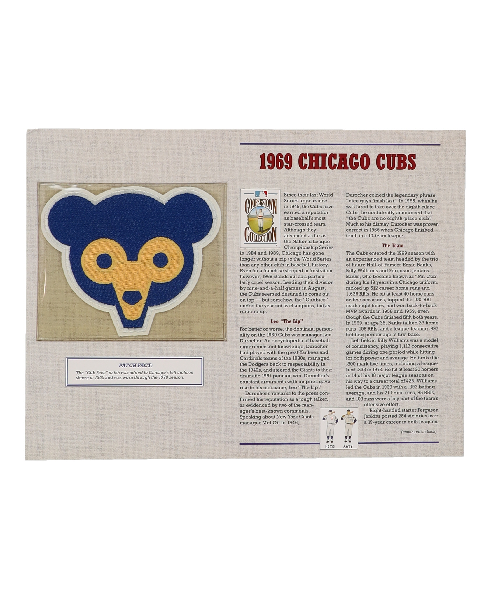 1969 Cubs 9x12 Commemorative Stat Card With Cloth Uniform Patch ...