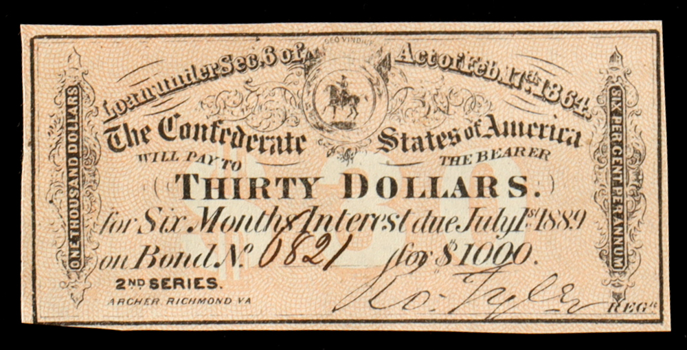 1864 $30 Thirty Dollars Confederate States of America Richmond CSA Bank ...