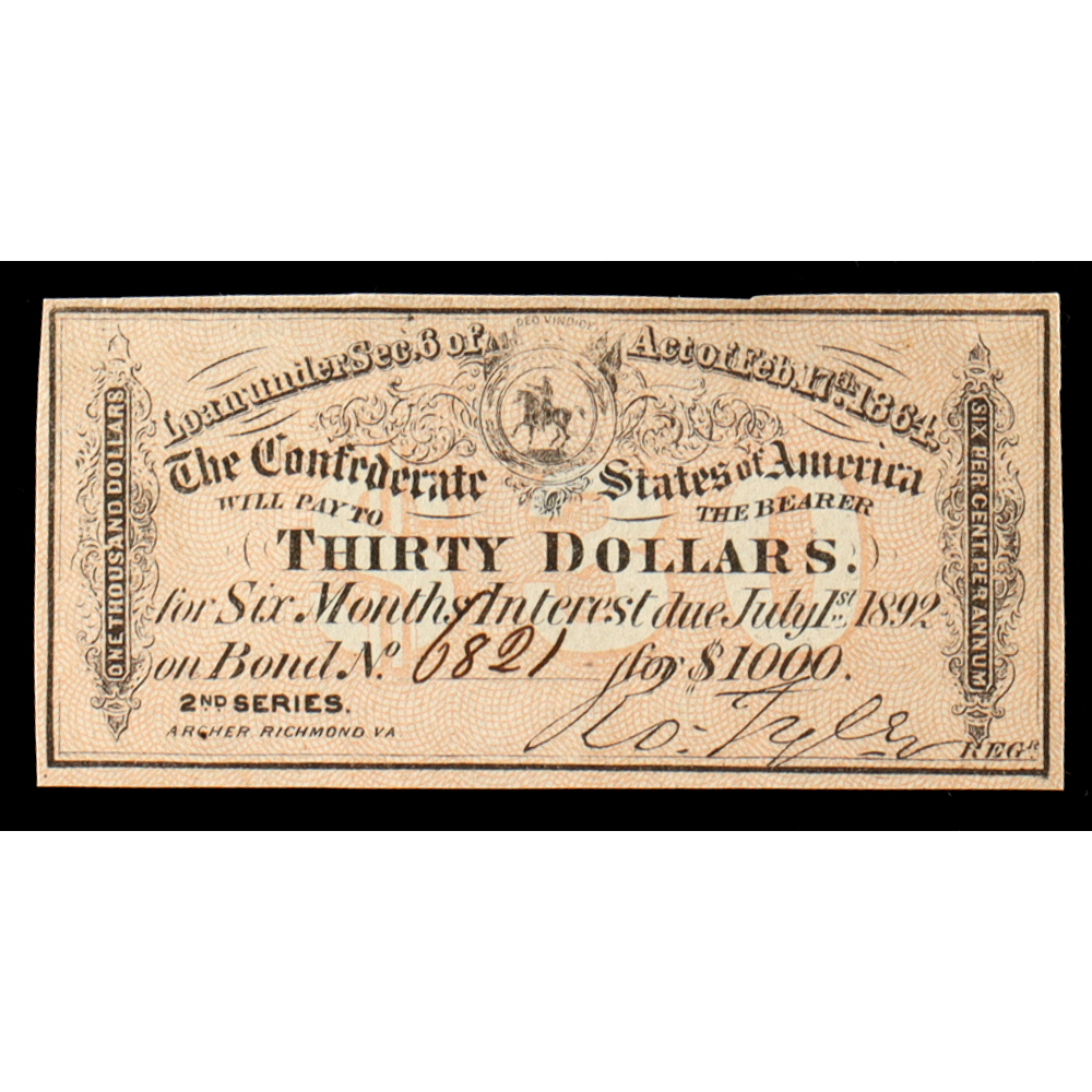 1864 $30 Thirty Dollars Confederate States of America Richmond CSA Bank ...