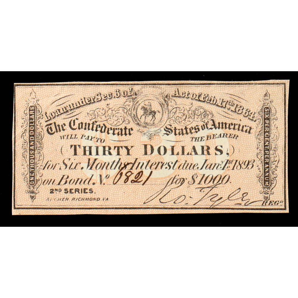 1864 $30 Thirty Dollars Confederate States of America Richmond CSA Bank ...