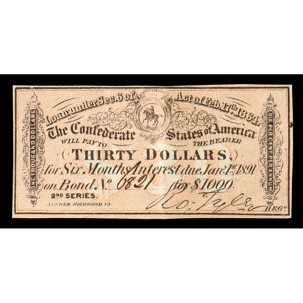 1864 $30 Thirty Dollars Confederate States of America Richmond CSA Bank ...