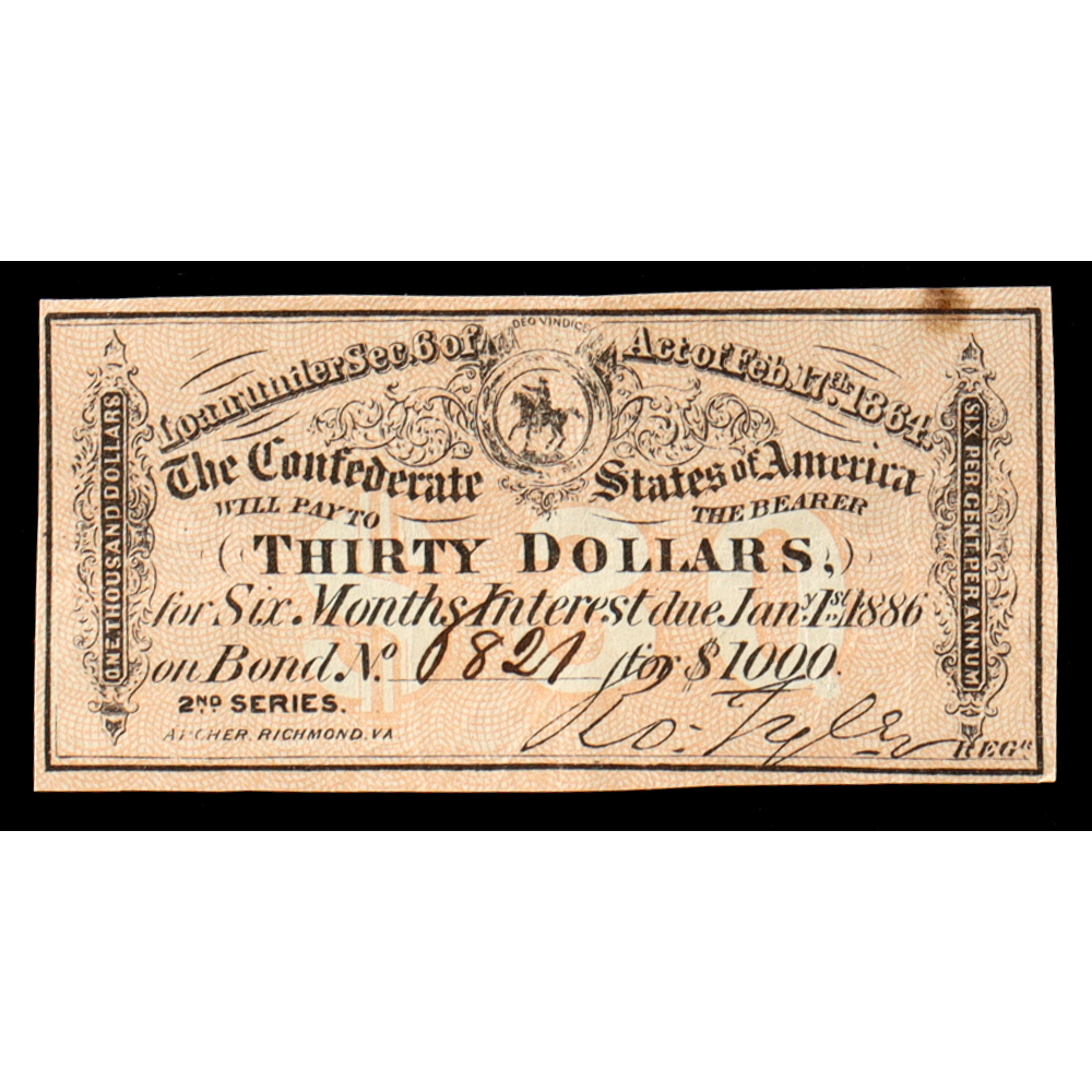 1864 $30 Thirty Dollars Confederate States of America Richmond CSA Bank ...