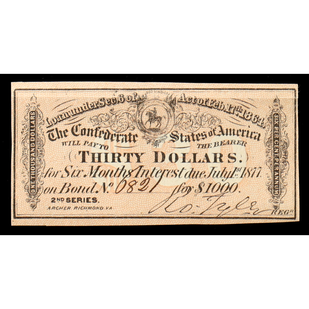1864 $30 Thirty Dollars Confederate States of America Richmond CSA Bank ...