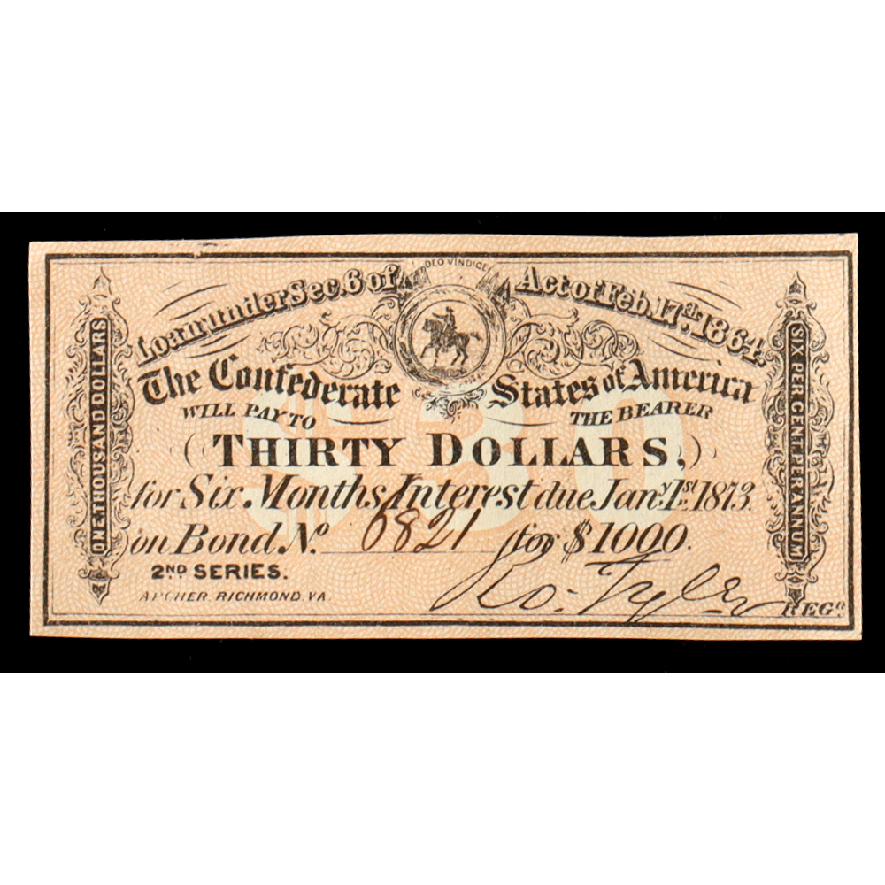 1864 $30 Thirty Dollars Confederate States of America Richmond CSA Bank ...