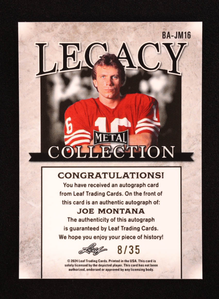 Joe Montana 2024 Leaf Legacy Collection #BA-JM16 Autograph Silver ...