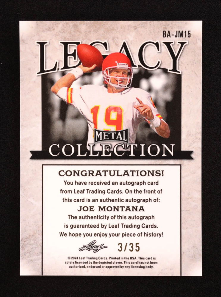 Joe Montana 2024 Leaf Legacy Collection #BA-JM15 Autograph Silver ...