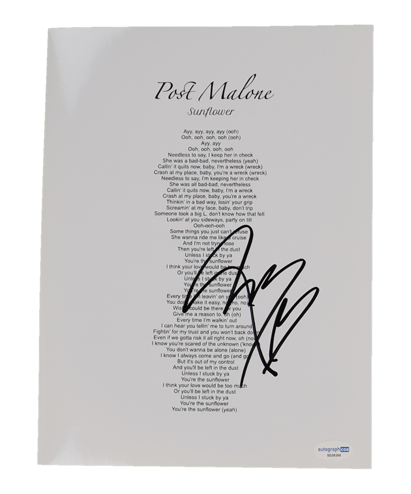 Post Malone Signed "Sunflower" 8x10 Lyric Sheet (AutographCOA ...