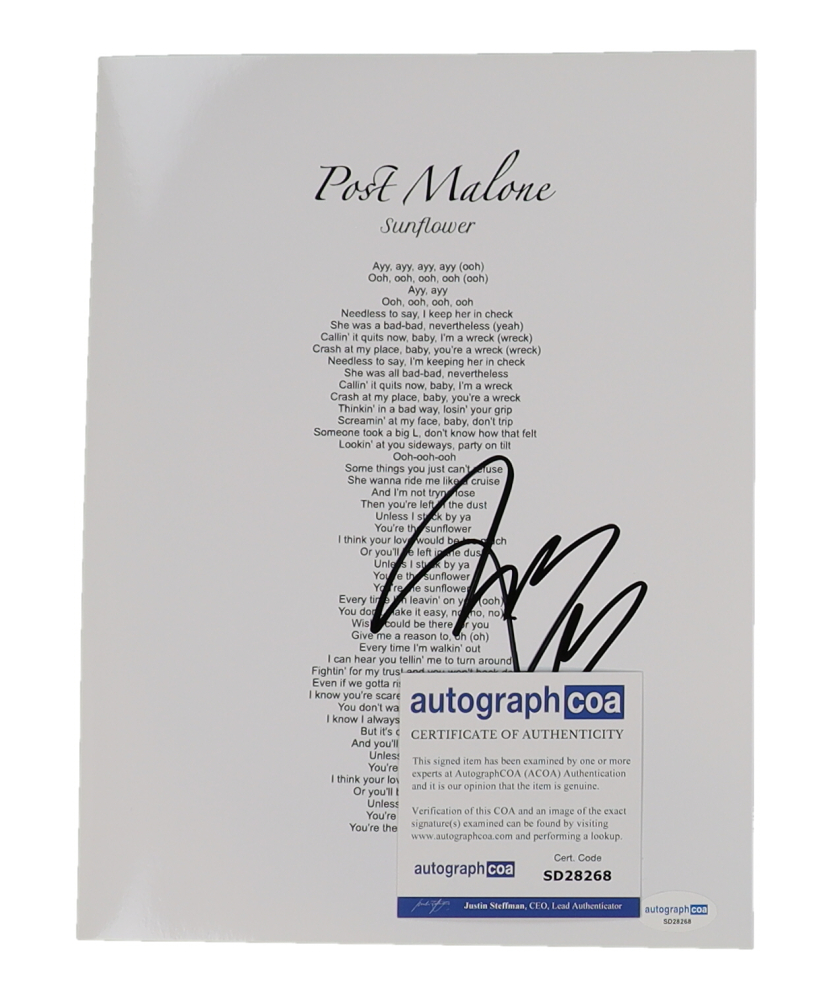 Post Malone Signed "Sunflower" 8x10 Lyric Sheet (AutographCOA ...