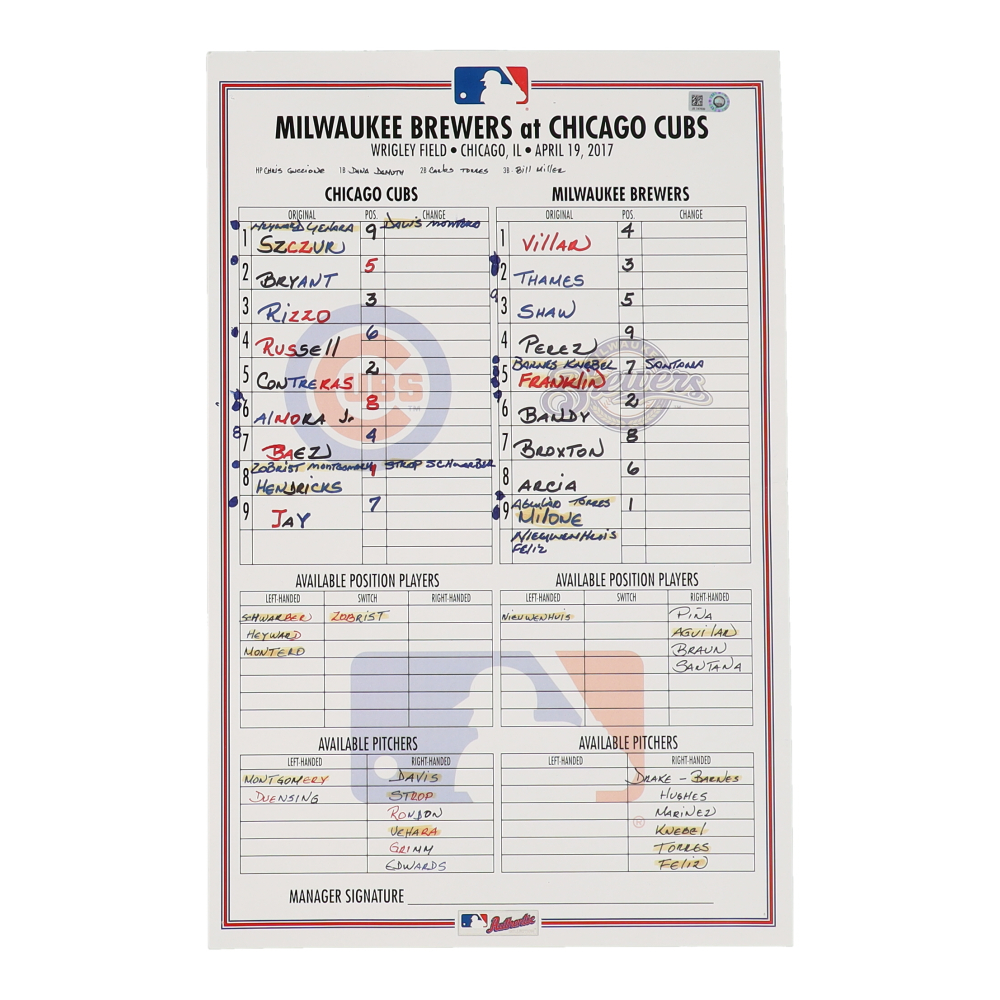 Addison Russel Walk Off 3-Run Home Run Game-Used Lineup Card (MLB ...