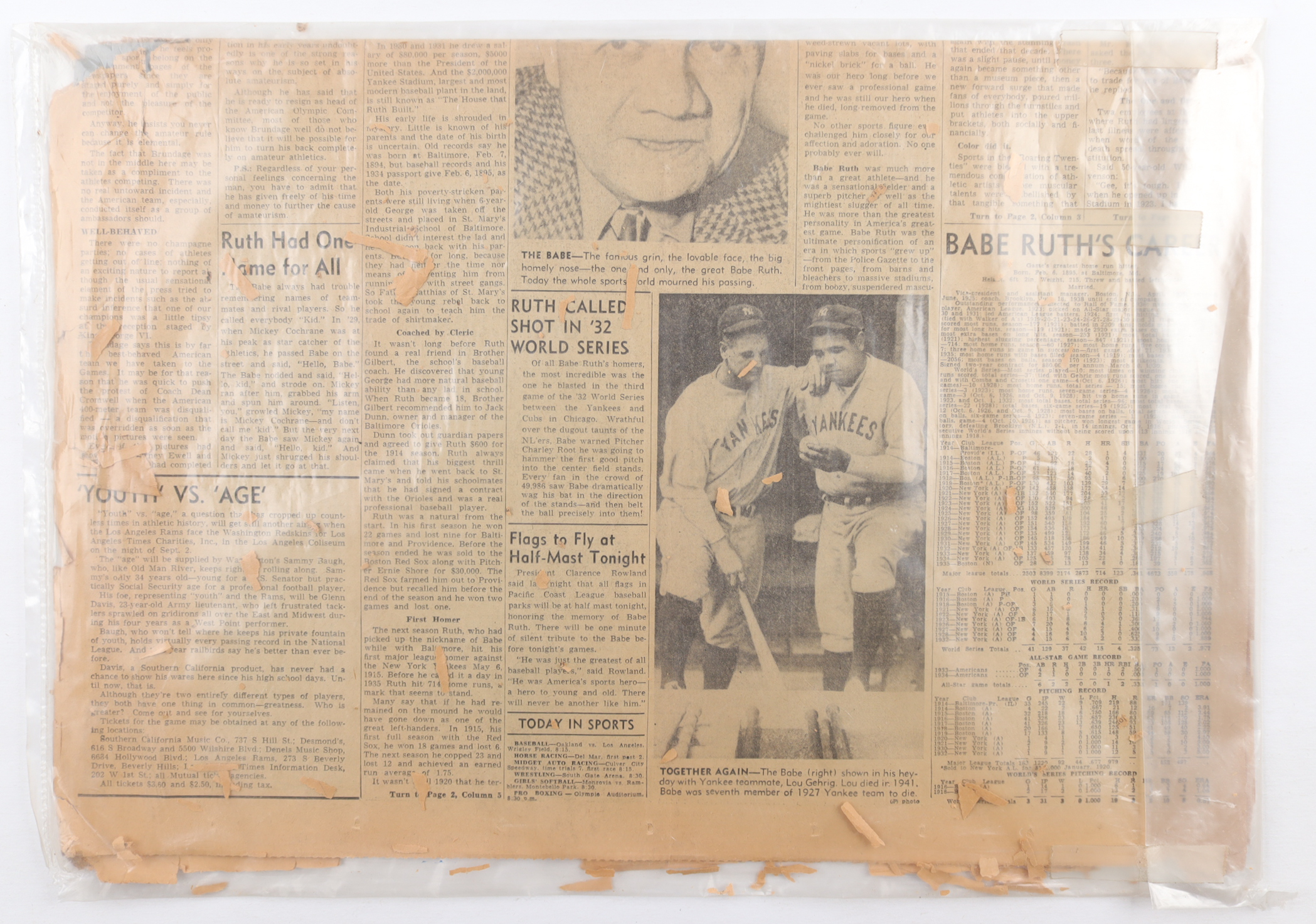 1948 Death of Babe Ruth Original LA Times Newspaper Sports Section ...