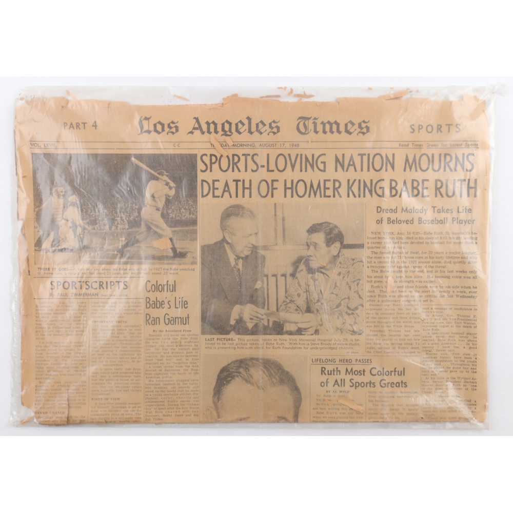 1948 Death of Babe Ruth Original LA Times Newspaper Sports Section ...