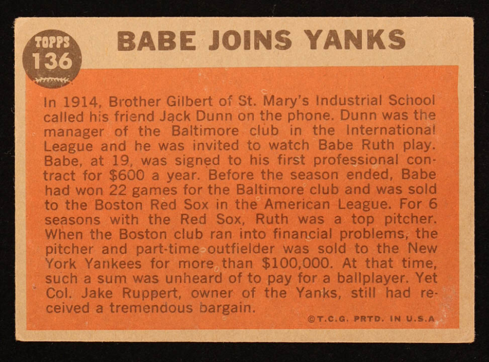 Babe Ruth 1962 Topps #136 Special 2 / Babe Joins Yanks/Pictured Owner ...