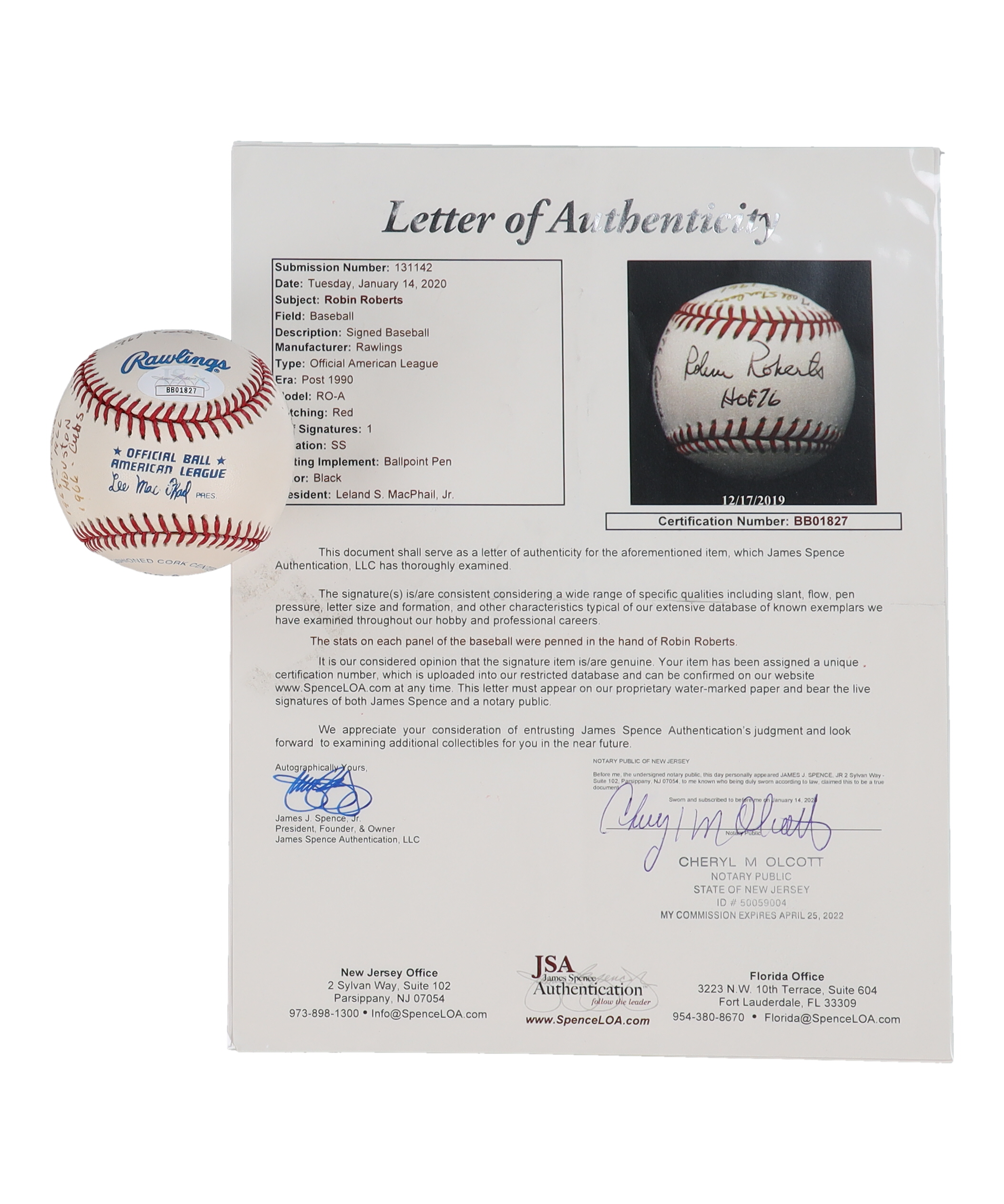 Robin Roberts Signed OAL Baseball With Multiple Career Stat ...