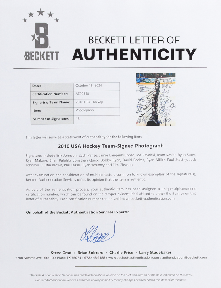 2010 USA Hockey Team-Signed 11x14 Photo By (18) Including Brian ...