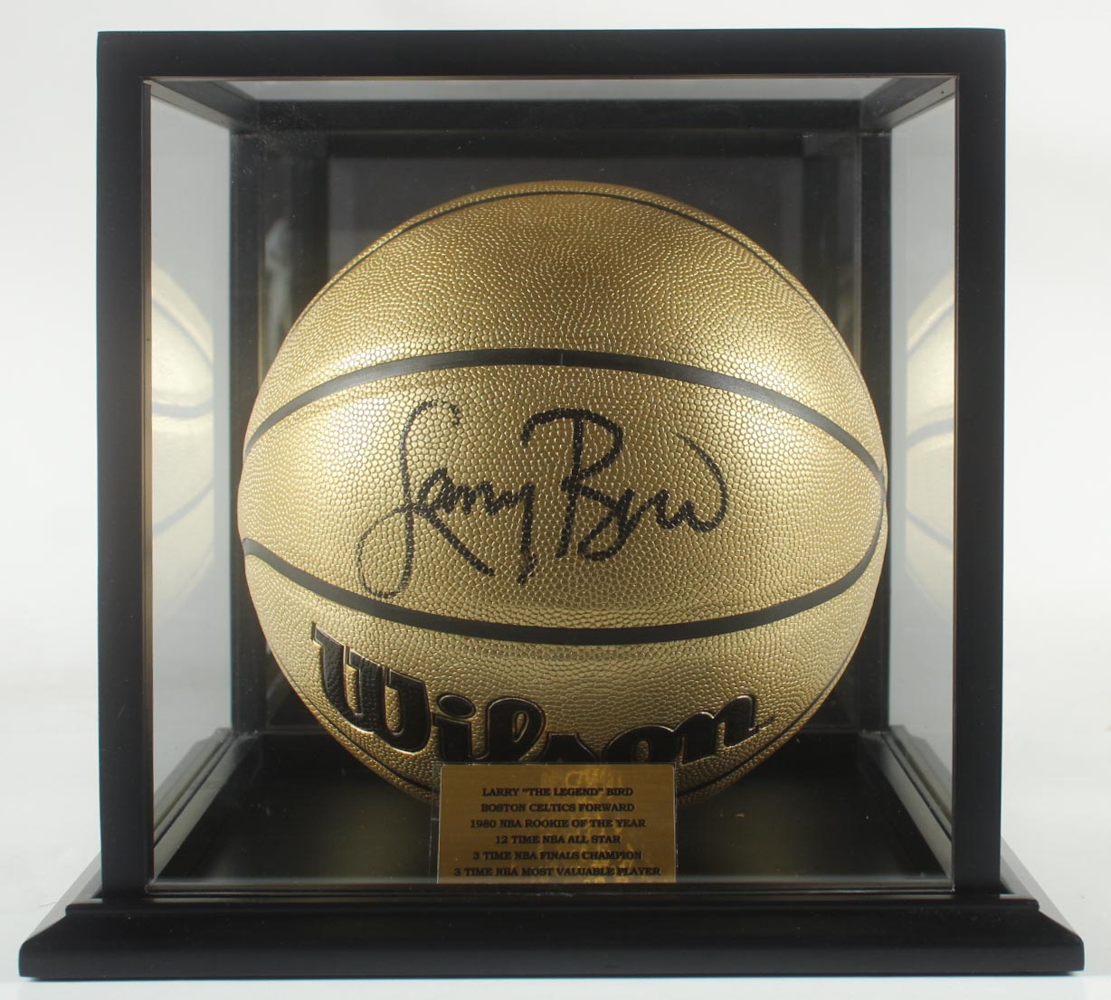 Larry Bird Signed NBA Gold Edition Basketball With Wood & Glass Display ...