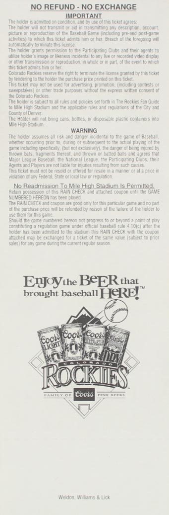 Rockies Vs Expos 1993 Mile High Stadium Inaugural Opening Day Ticket ...