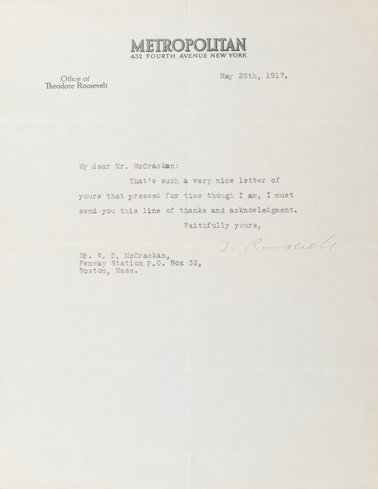 Theodore Roosevelt Signed 1917 Typewritten Letter (Beckett) | Pristine ...