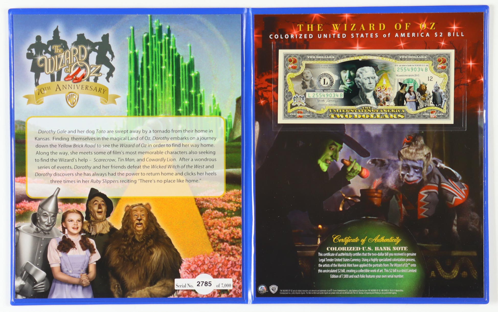 Wizard of Oz Genuine Legal Tender Colorized U.S. $2.00 Two Dollar Bill ...