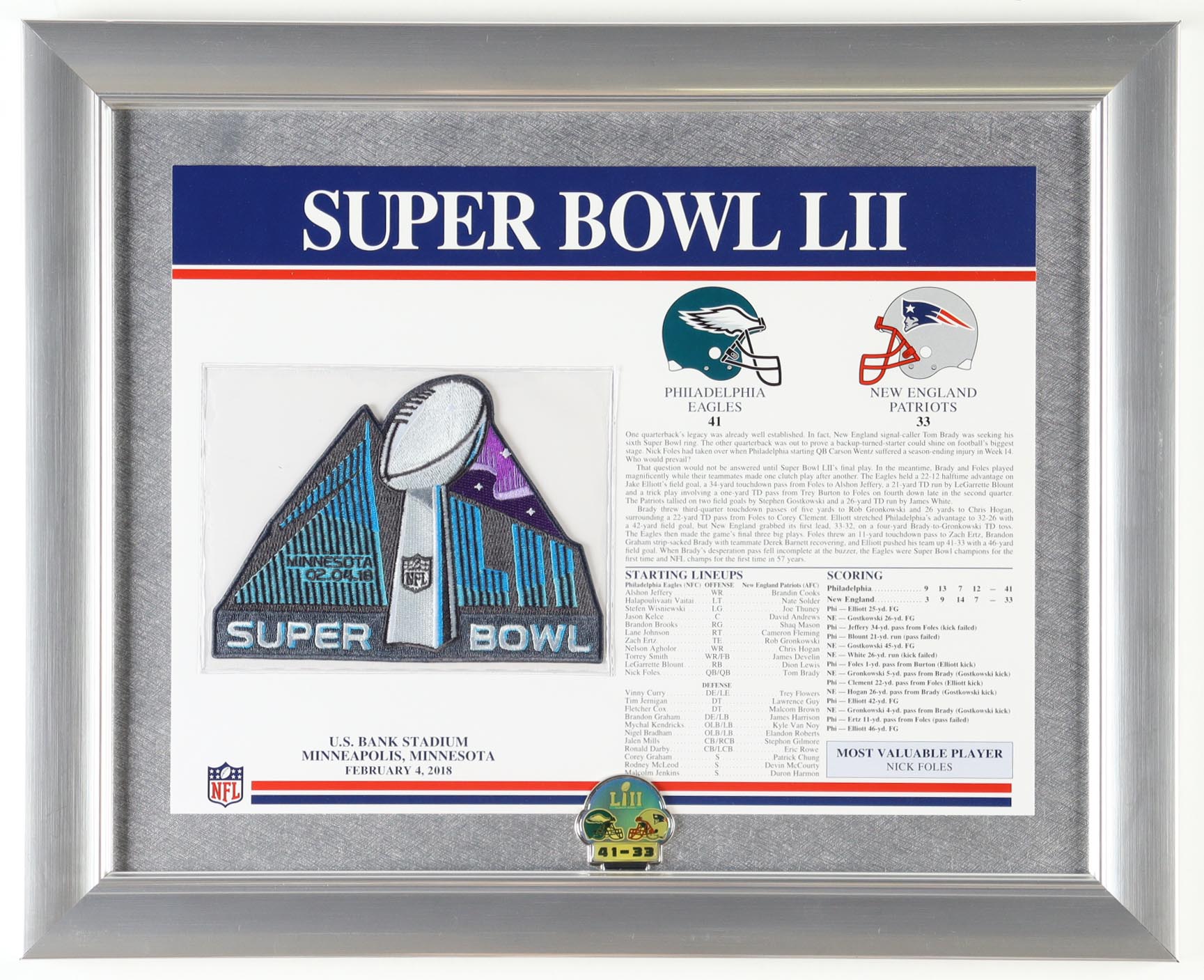 Super Bowl LII Commemorative Custom Framed Score Card Display with Pin ...
