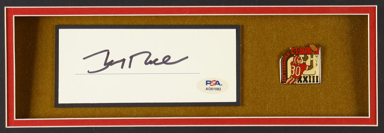 Jerry Rice Signed Custom Framed Cut Display With Jersey, Super Bowl XXIII MVP Pin & (2) Team ...