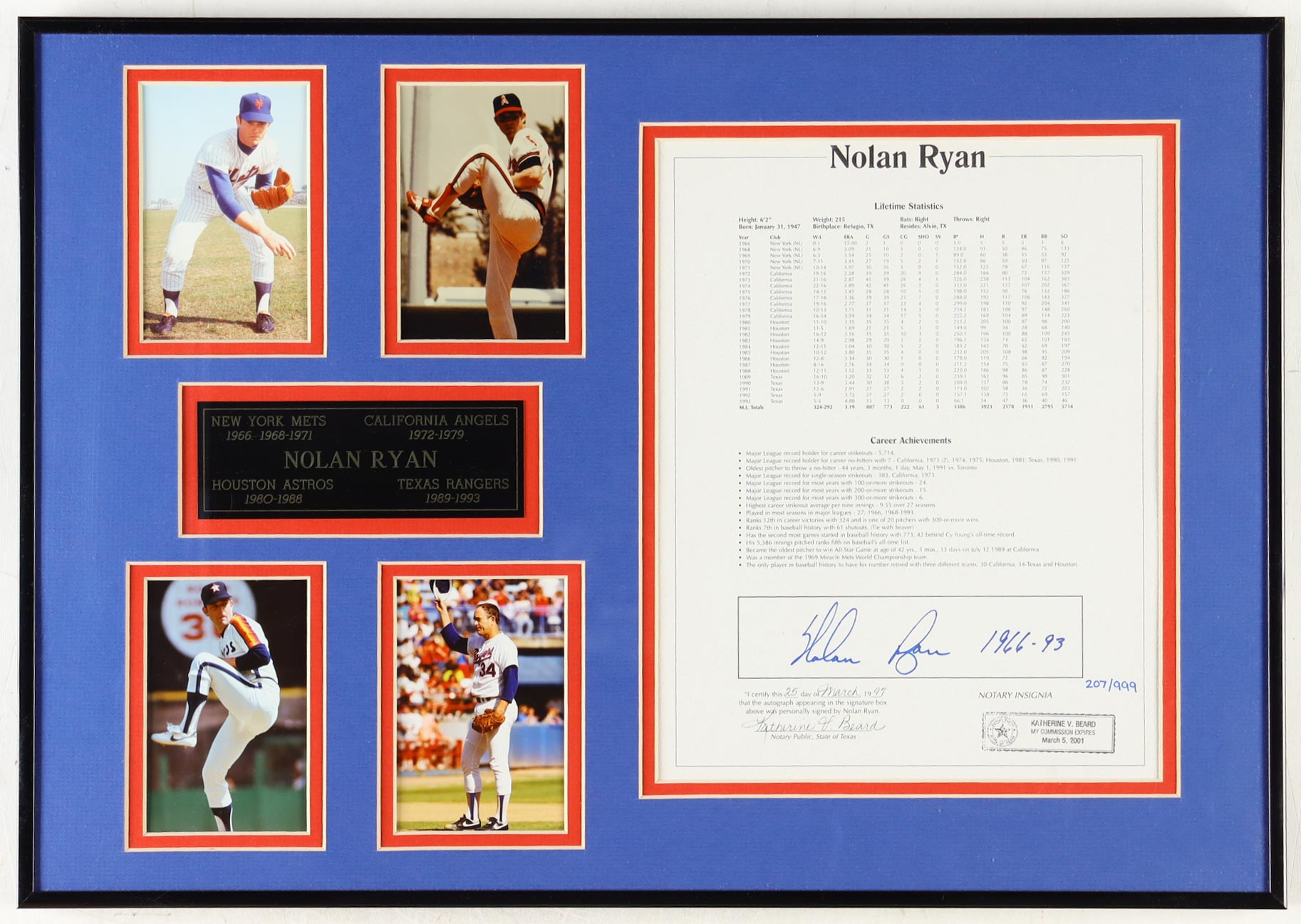 Nolan Ryan Signed Rangers Custom Framed Sheet Display Inscribed "1966 ...