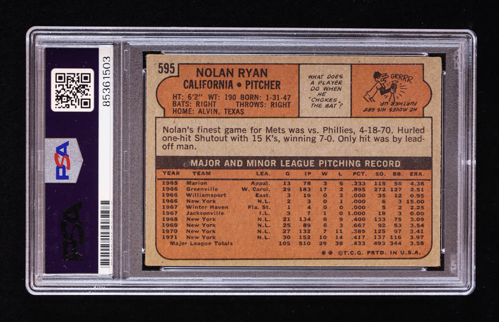 Nolan Ryan Signed 1972 Topps #595 Inscribed "108.5 MPH Fastball" (PSA ...