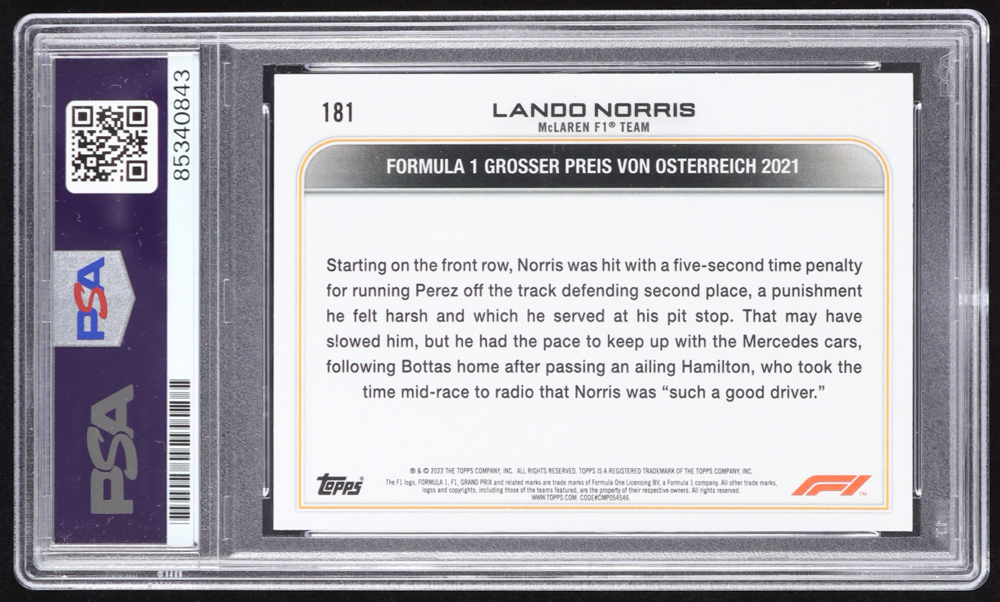 Lando Norris Signed 2022 Topps Formula 1 #181 DOD (PSA) | Pristine Auction
