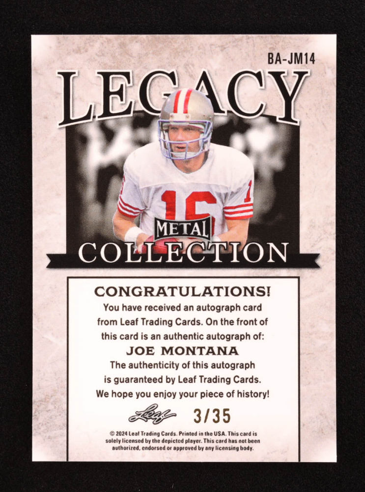 Joe Montana 2024 Leaf Legacy Collection #BA-JM14 Autograph Silver ...