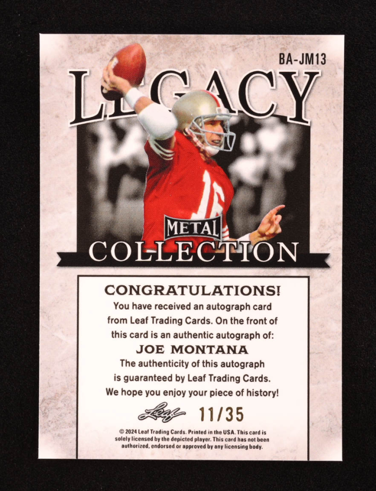 Joe Montana 2024 Leaf Legacy Collection #BA-JM13 Autograph Silver ...