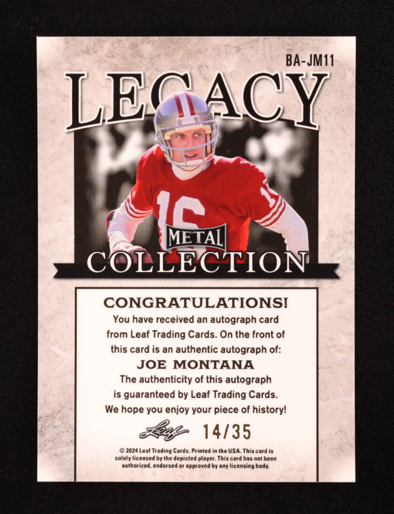 Joe Montana 2024 Leaf Legacy Collection #BA-JM11 Autograph Silver ...