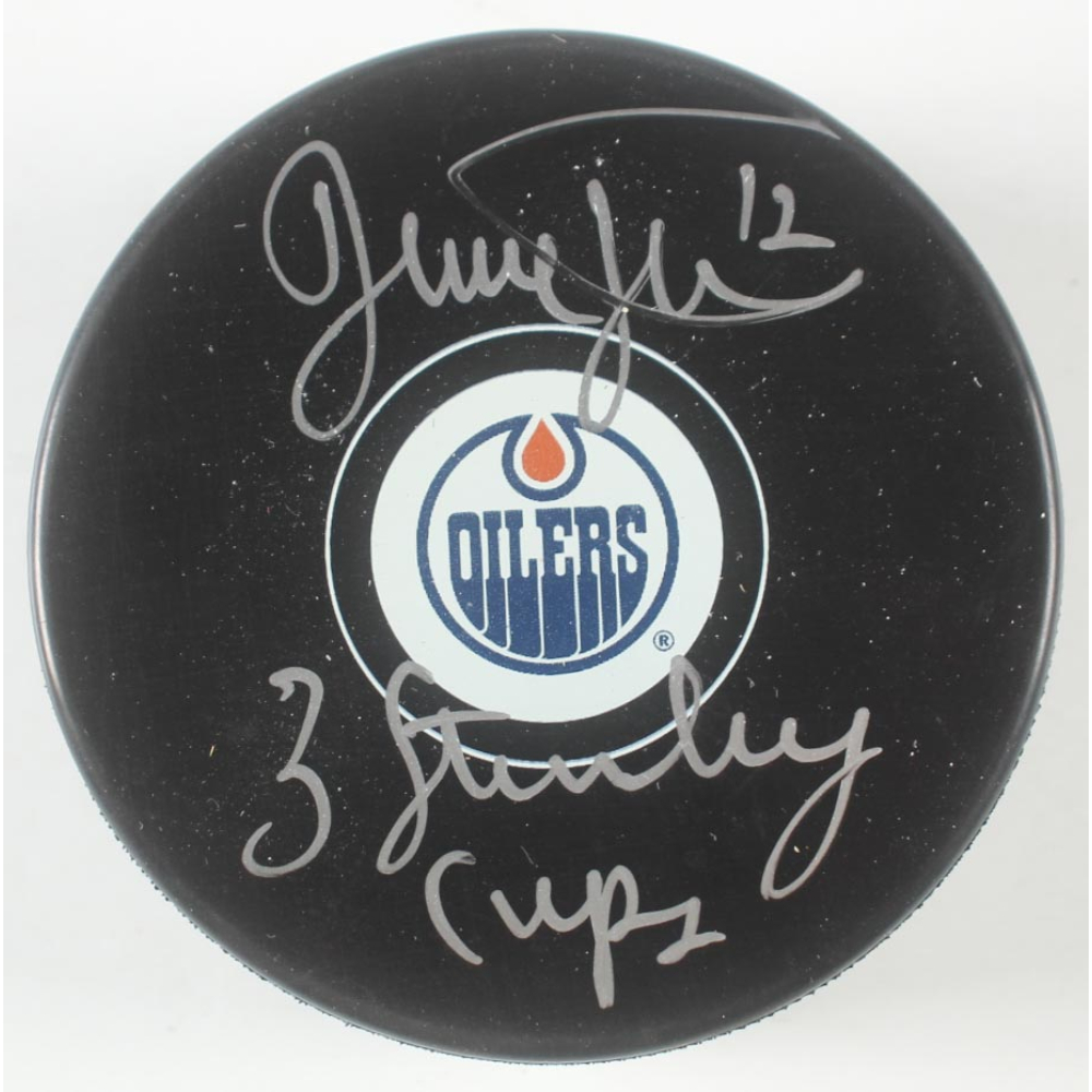 Dave Hunter Signed Oilers Logo Hockey Puck Inscribed "3 Stanley Cups ...